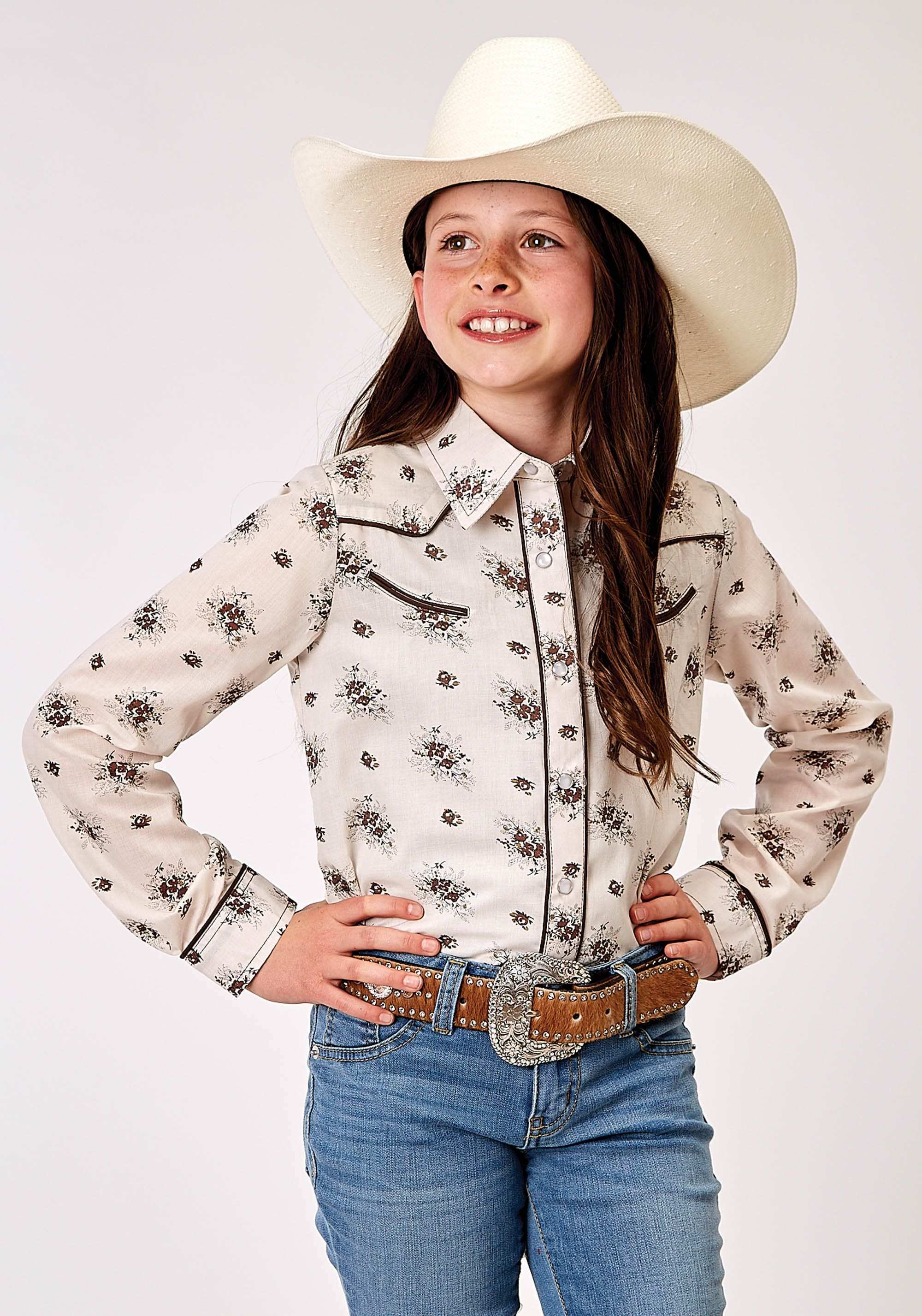 Roper Girls Long Sleeve Snap Vintage Floral Western Shirt With Solid P ...