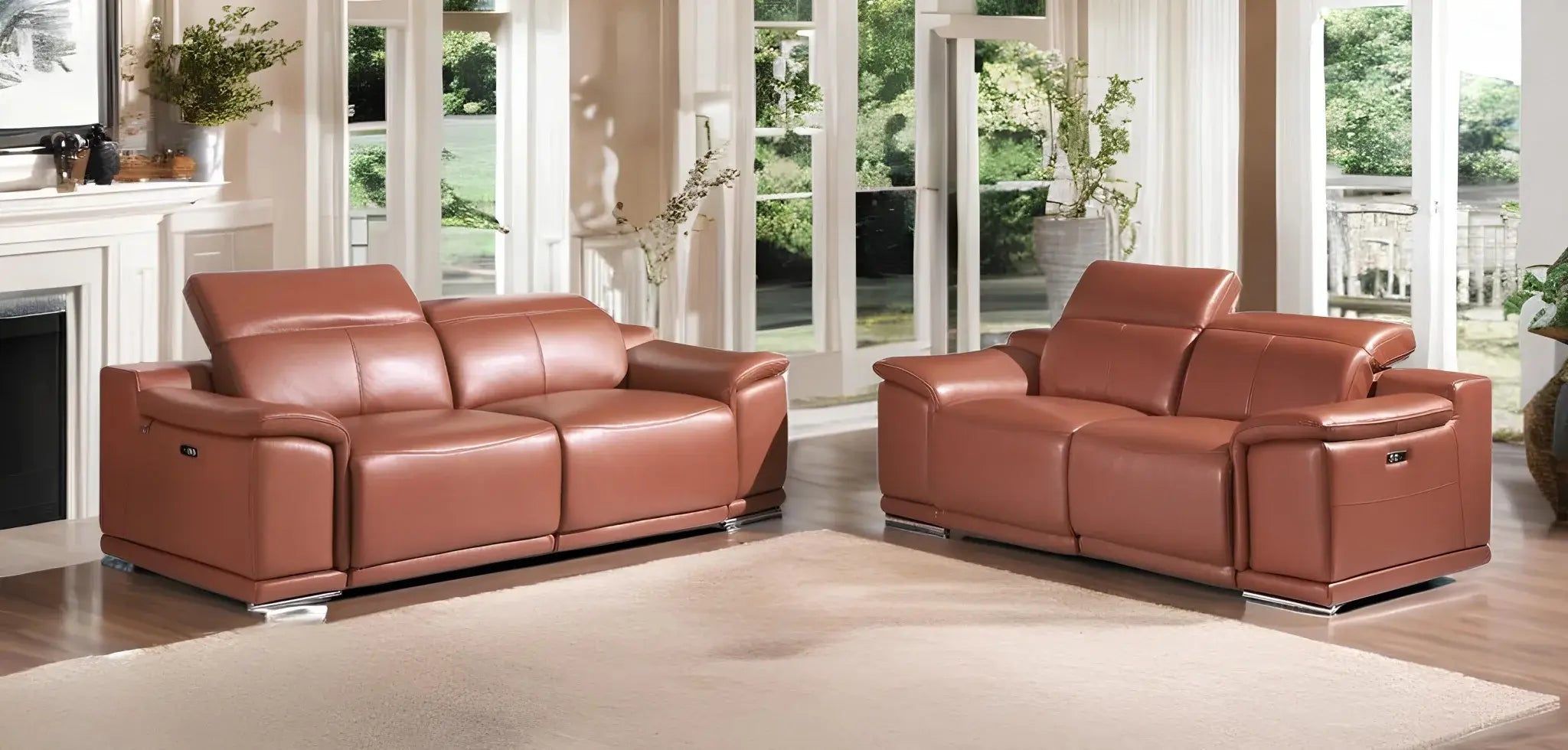 Two Piece Indoor Camel Italian Leather Five Person Seating Set ...
