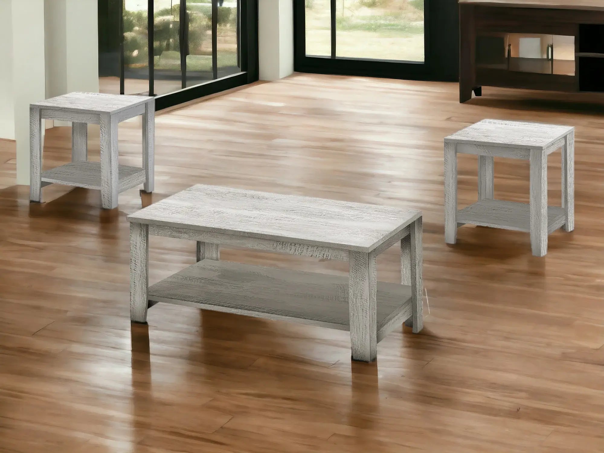 Set Of Three 42" Gray Rectangular Coffee Table With Three Shelves ...
