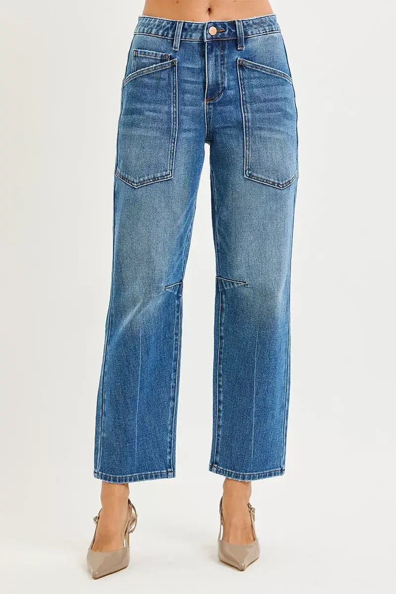 RISEN 4 Way Stretch Mid Rise Barrel Jeans with Patch Pocket Detail ...